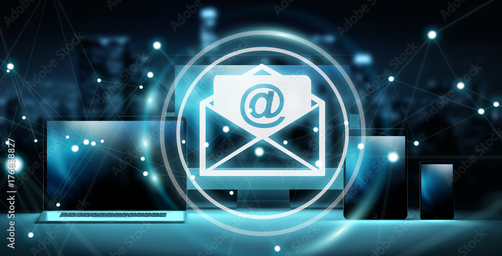 Email icon interface over modern tech devices 3D rendering Stock Photo ...