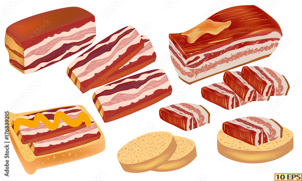 Bacon isolated on a white background. Fat. Bacon c layers of meat, big ...
