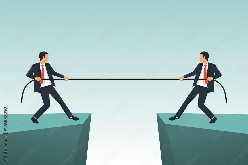 Competition concept. Business people. Businessmen in suit pull the rope ...