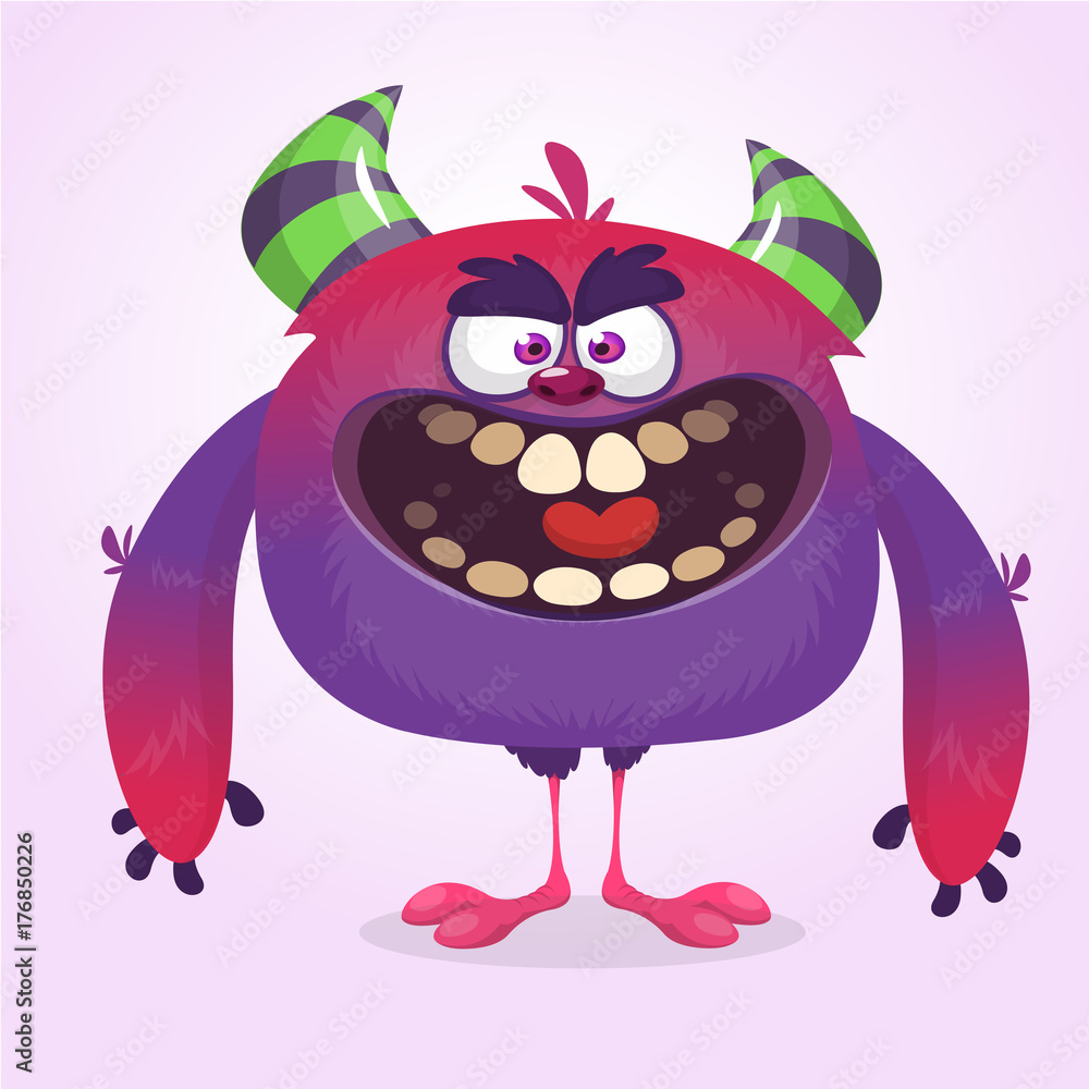 Cute angry cartoon monster. Vector furry orange monster character with ...