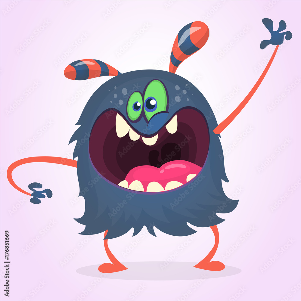 Angry cartoon black monster screanimg and waving hand. Yelling angry ...