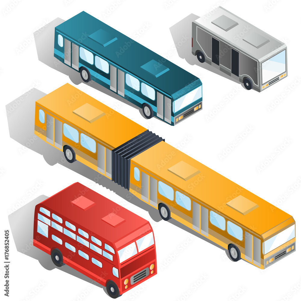 Set of various passenger city buses isometric projection vector ...