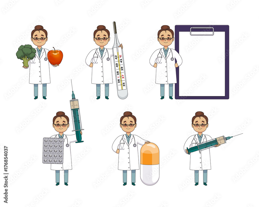 Funny woman doctor with giant syringe, pill, thermometer, medical card ...