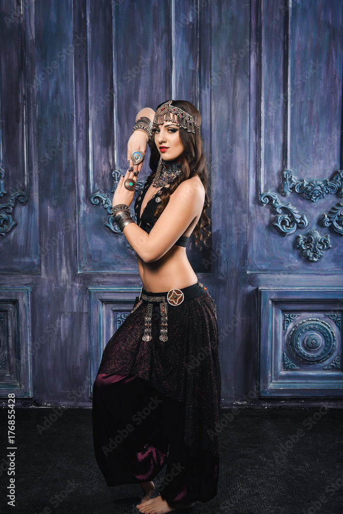 Beautiful Woman Dancer Dancing Belly Dance In Oriental Style Traditional Indian Dance In