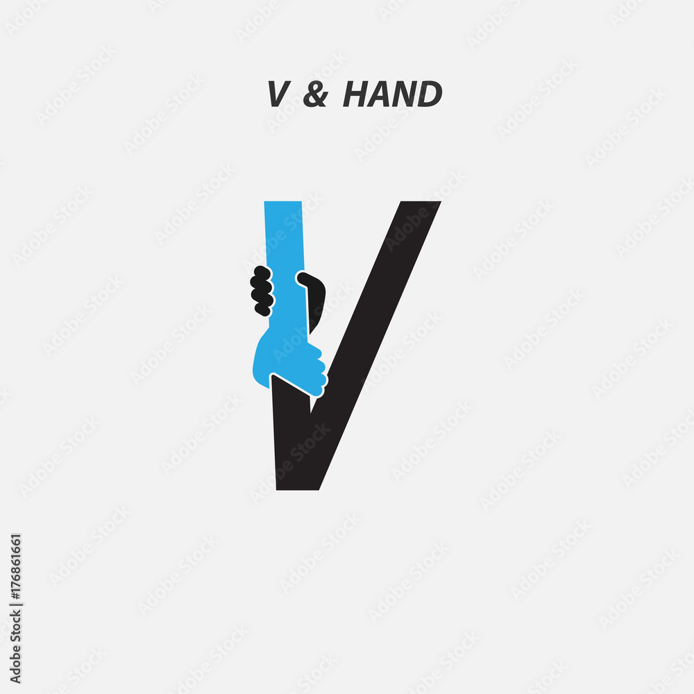 V- Letter abstract icon & hands logo design vector template.Italic ...