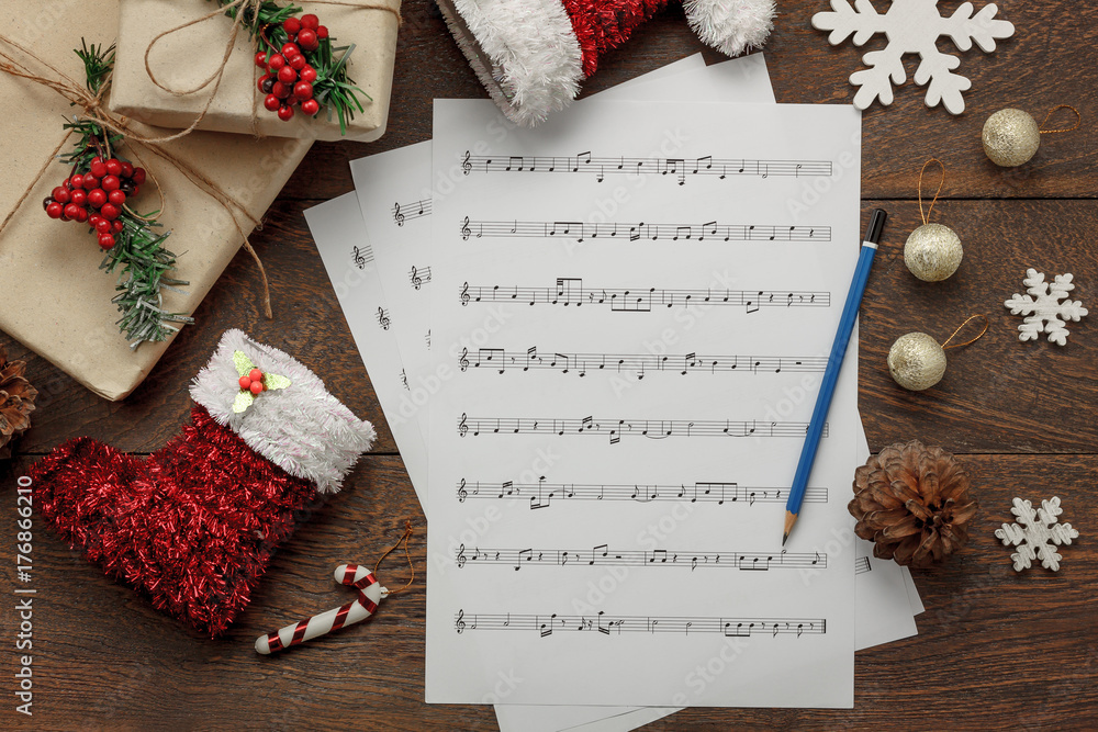 Aerial view of Merry Christmas and music background concept.Essential ...