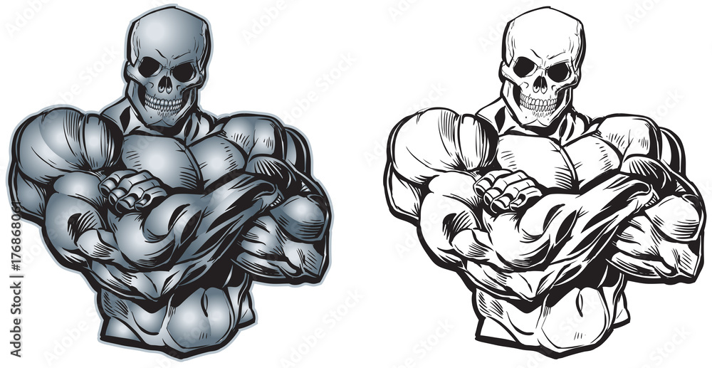 Vector Cartoon Muscular Torso with Skull Head Stock Vector | Adobe Stock