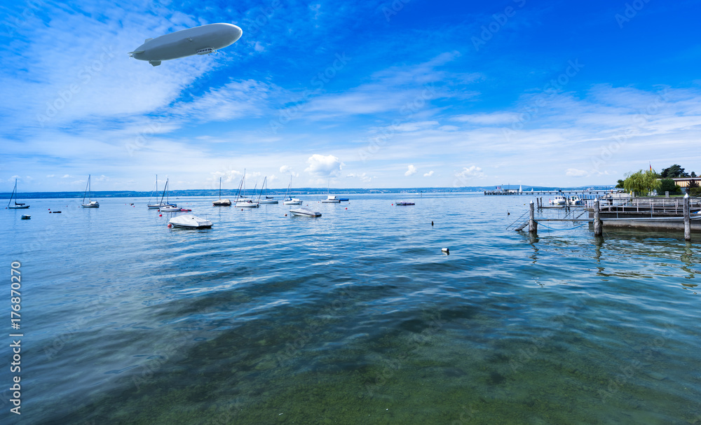 Zeppelin, small yacht harbor with sailing boats in Hagnau at Lake ...