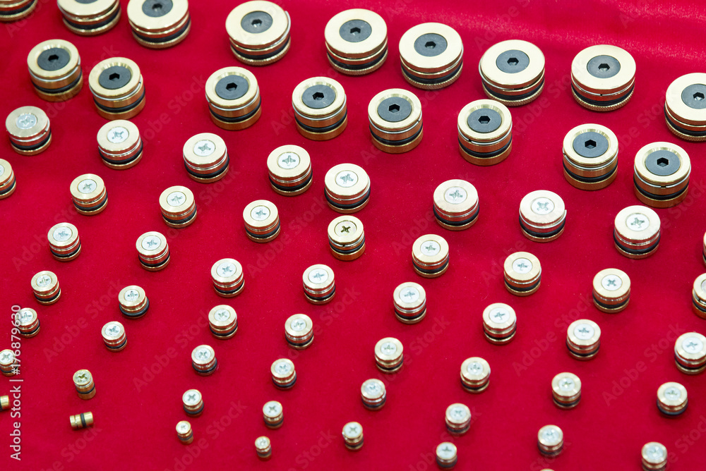 The screw plug spare parts of injection mold on the red background.The ...