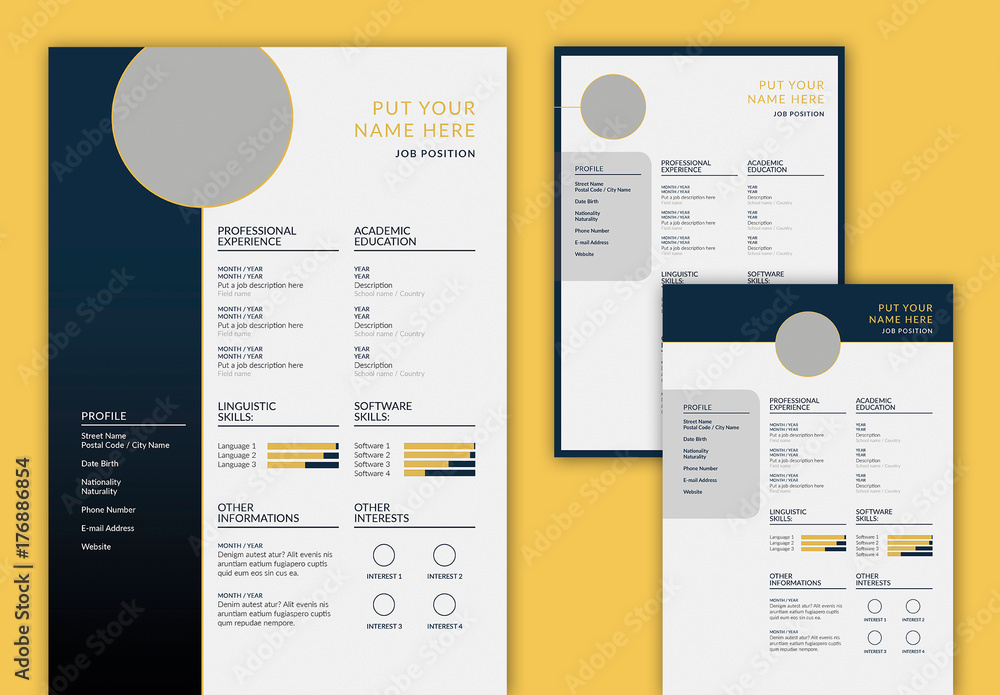 Resume Layout Set with Dark Blue and Gold Accents Stock Template ...