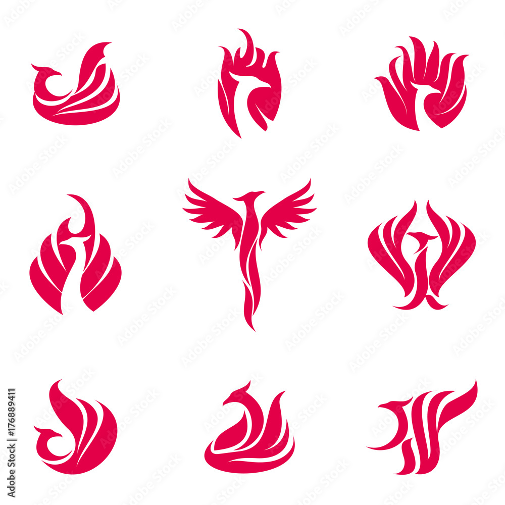 Set of stylized graphic phoenix bird logo templates. Collection of ...