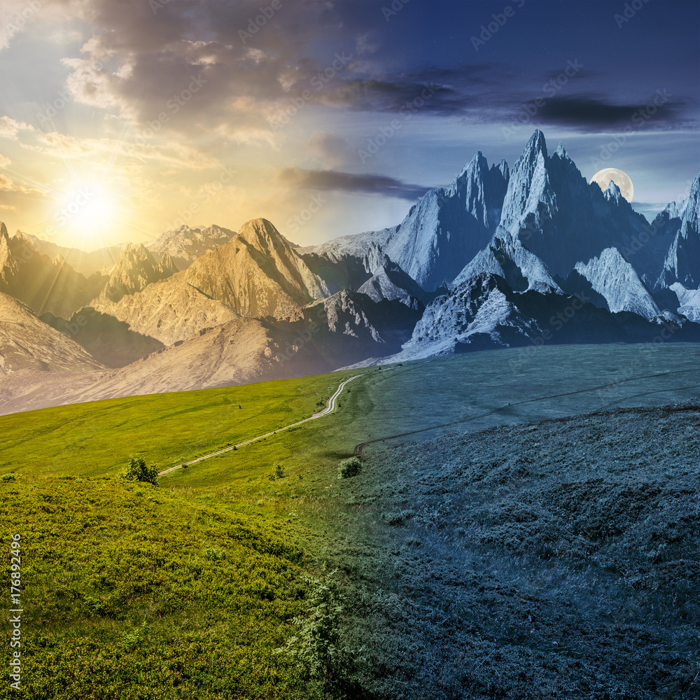 day and night time change concept. grassy slopes and rocky peaks ...