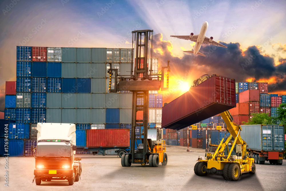 forklift handling container box loading to truck in import export ...