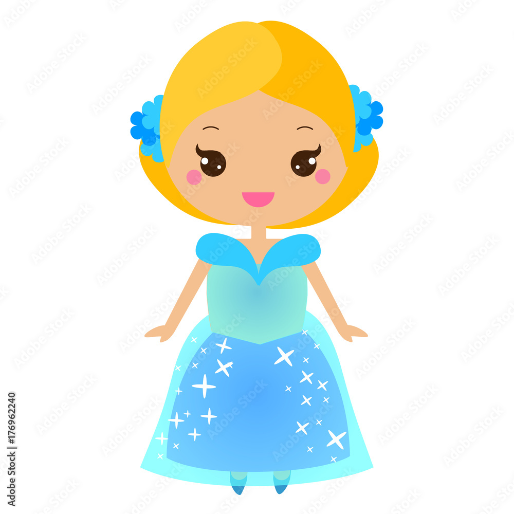 Cute kawaii fairy tale princess in blue dress. Girl in queen costume ...