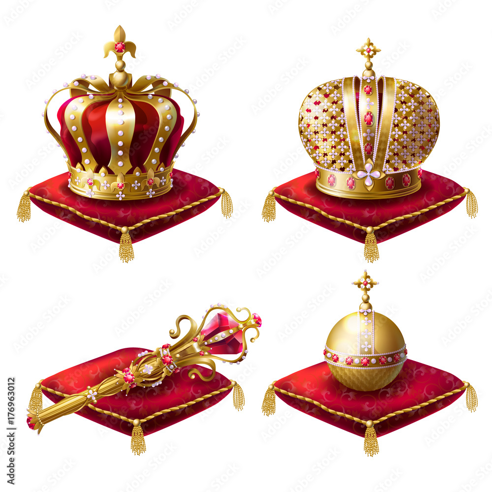 Golden royal crowns, scepter with gem stone and globus cruciger lying ...