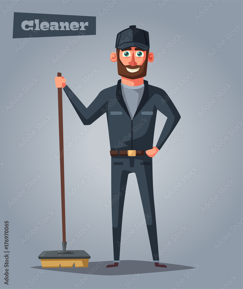 Cleaning staff character with equipment. Cartoon vector illustration ...