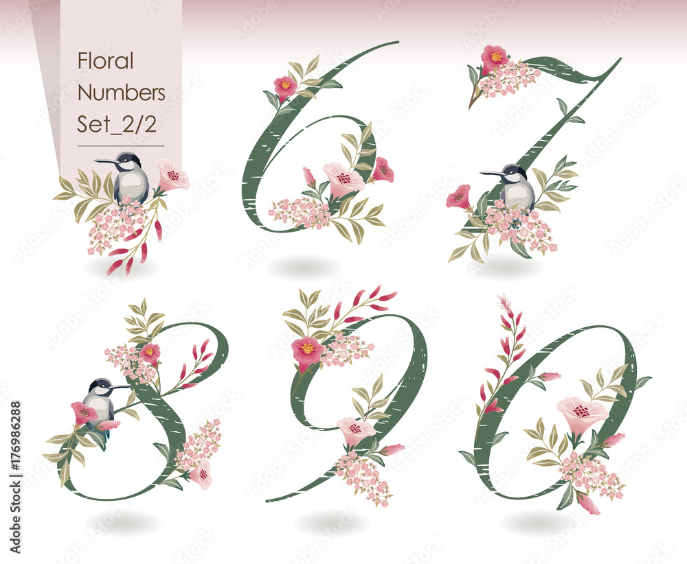 Vector illustration of floral numbers collection in spring. A set of ...