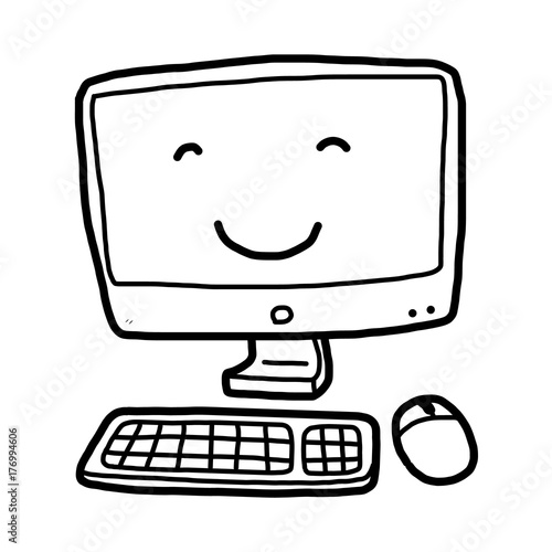 cute computer / cartoon vector and illustration, black and white, hand ...