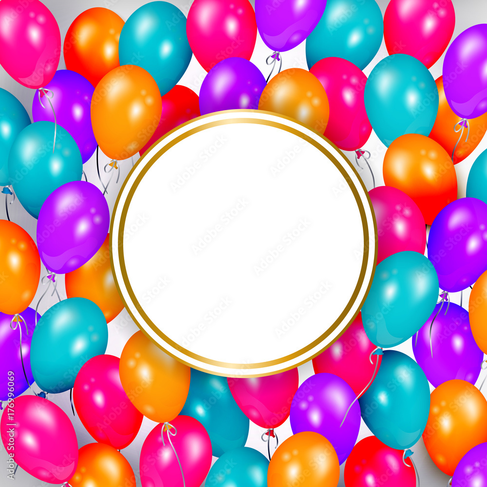 Square banner, poster design with shiny balloons and empty round space ...
