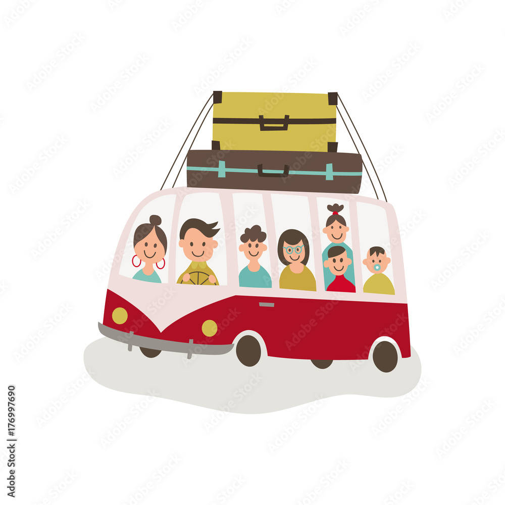 vector flat cartoon vintage hippie minivan vehicle with big bags at its ...