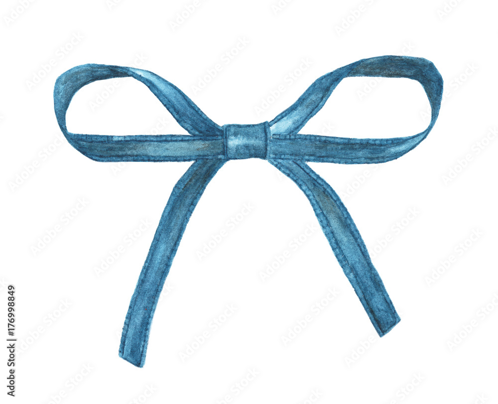 Blue gift bow isolated on white background. Watercolor sketch. Hand ...