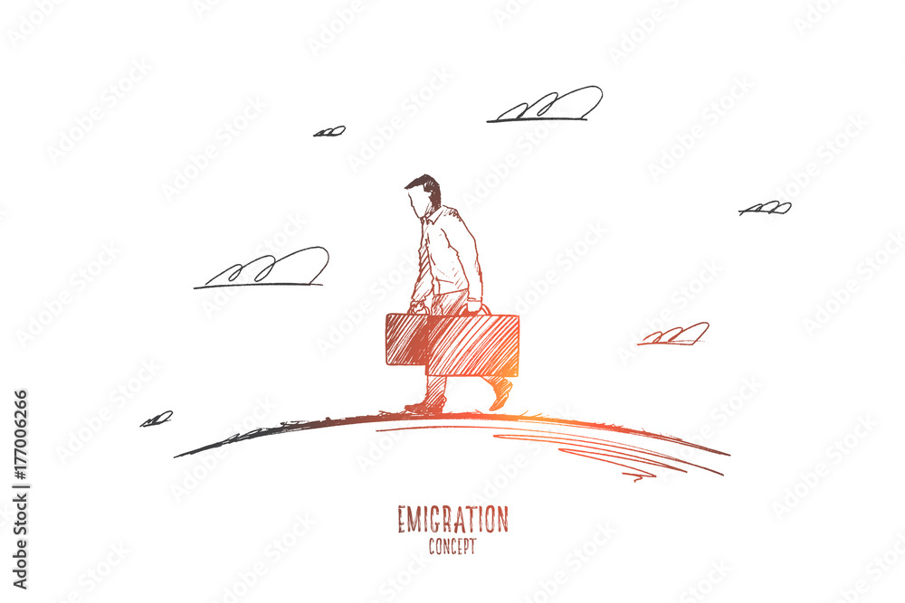 Emigration concept. Hand drawn man with suitcases emigrates. Person ...