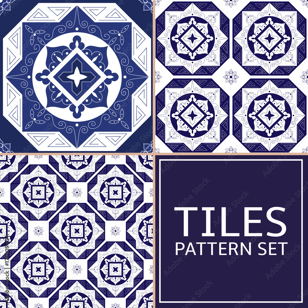 Set of 3 tile pattern vector seamless. Greek, arabic, Azulejo ...