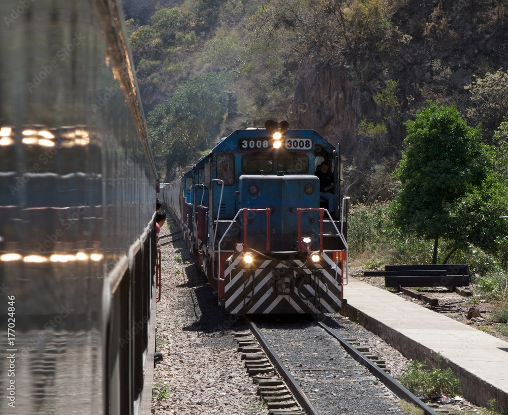 Copper canyon railway. Mexico. Train. Locomotive. Two trains passing ...