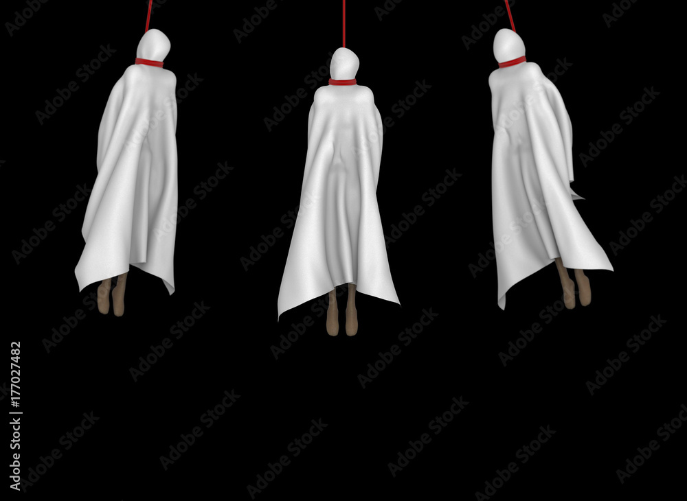 3d rendering. human body covered bu white cloth and hanged by red rope ...