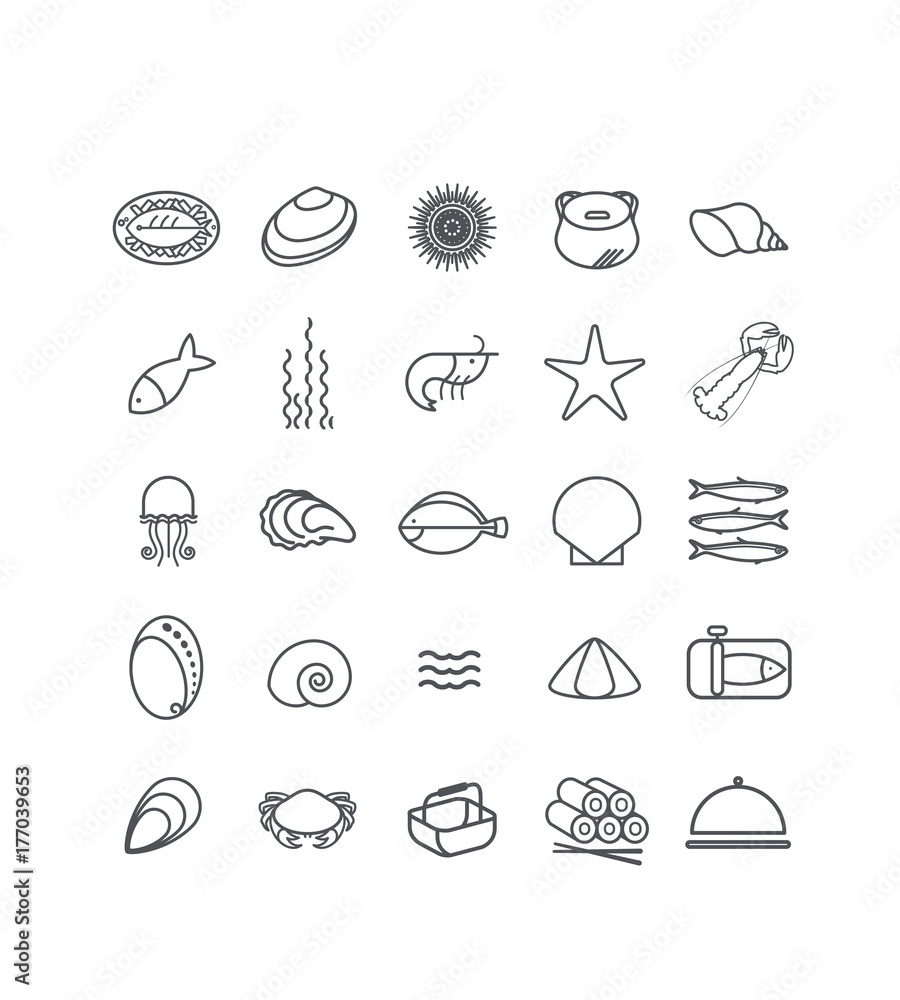 pictogramme, icônes, mer, océan, pêche, fruits de mer, crustacés Stock ...
