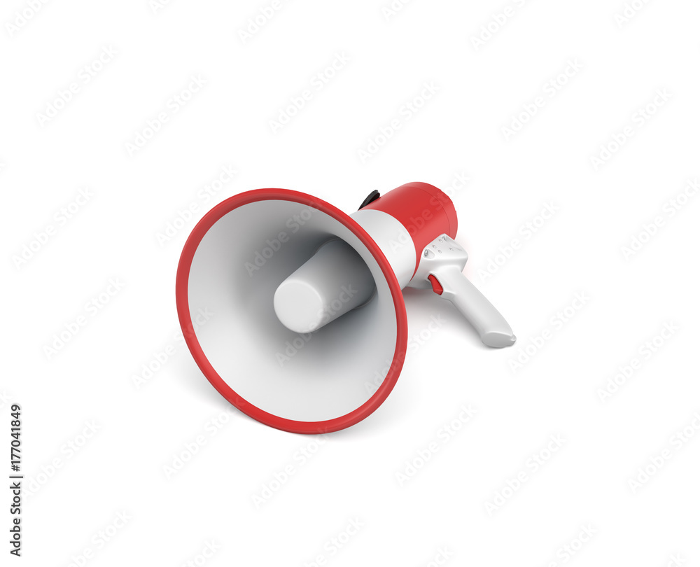 3d rendering of a single red and white megaphone lying in side view on ...