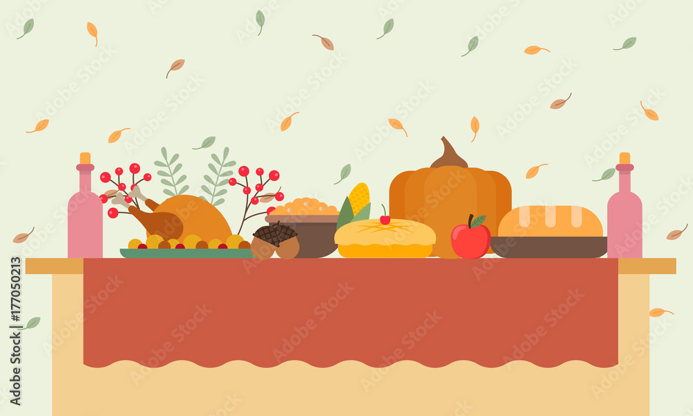 Vector illustration of a big banquet table with drinks and eating fruit ...