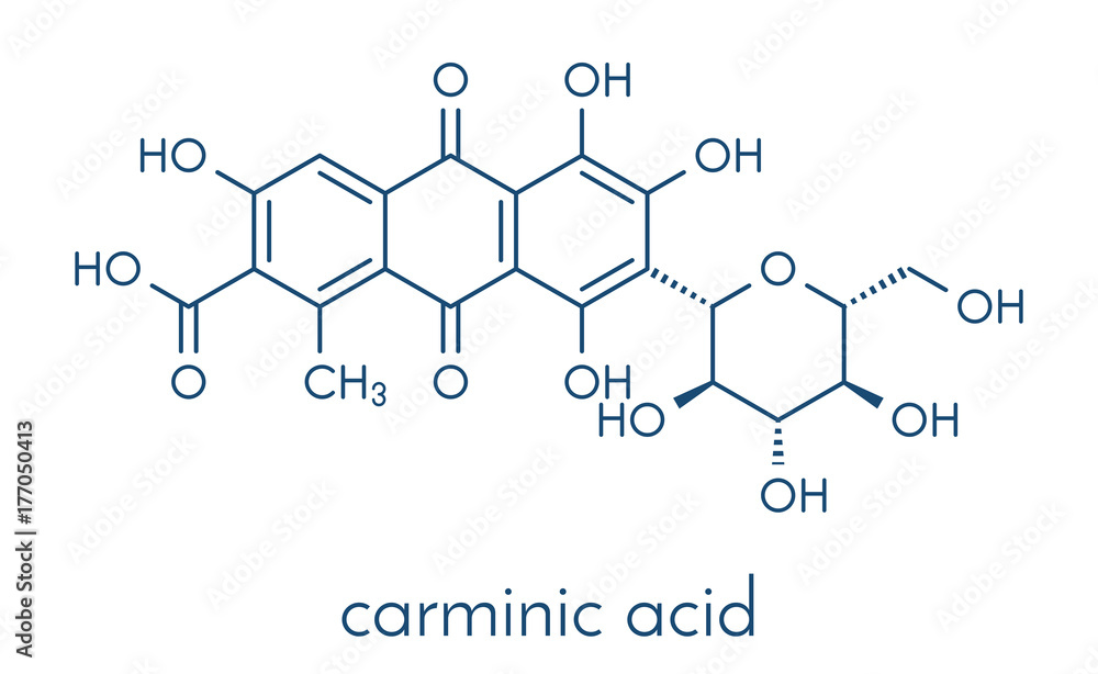 Carminic acid pigment molecule. Occurs naturally in cochineal (scale ...