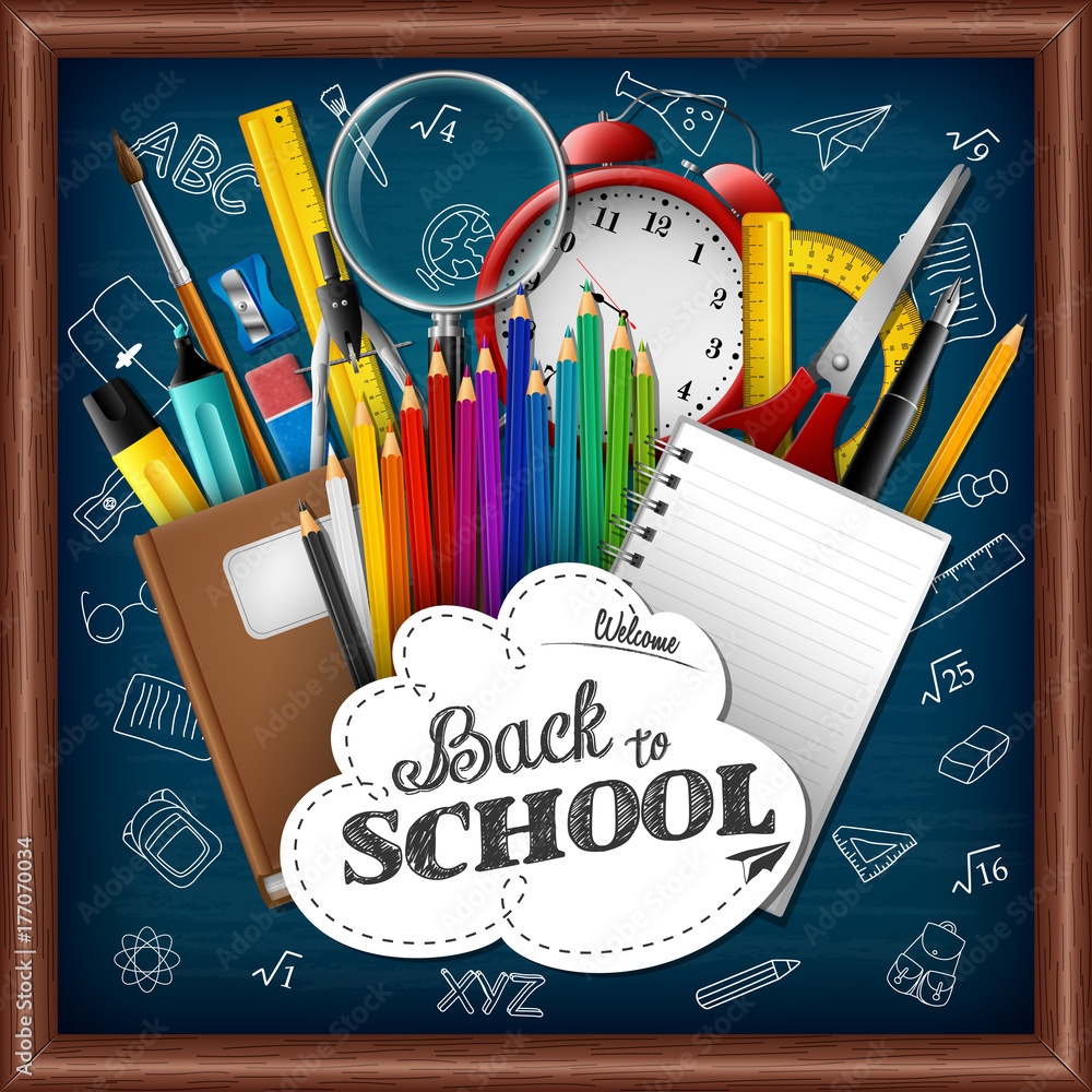 School background with school supplies on chalkboard Stock Vector ...