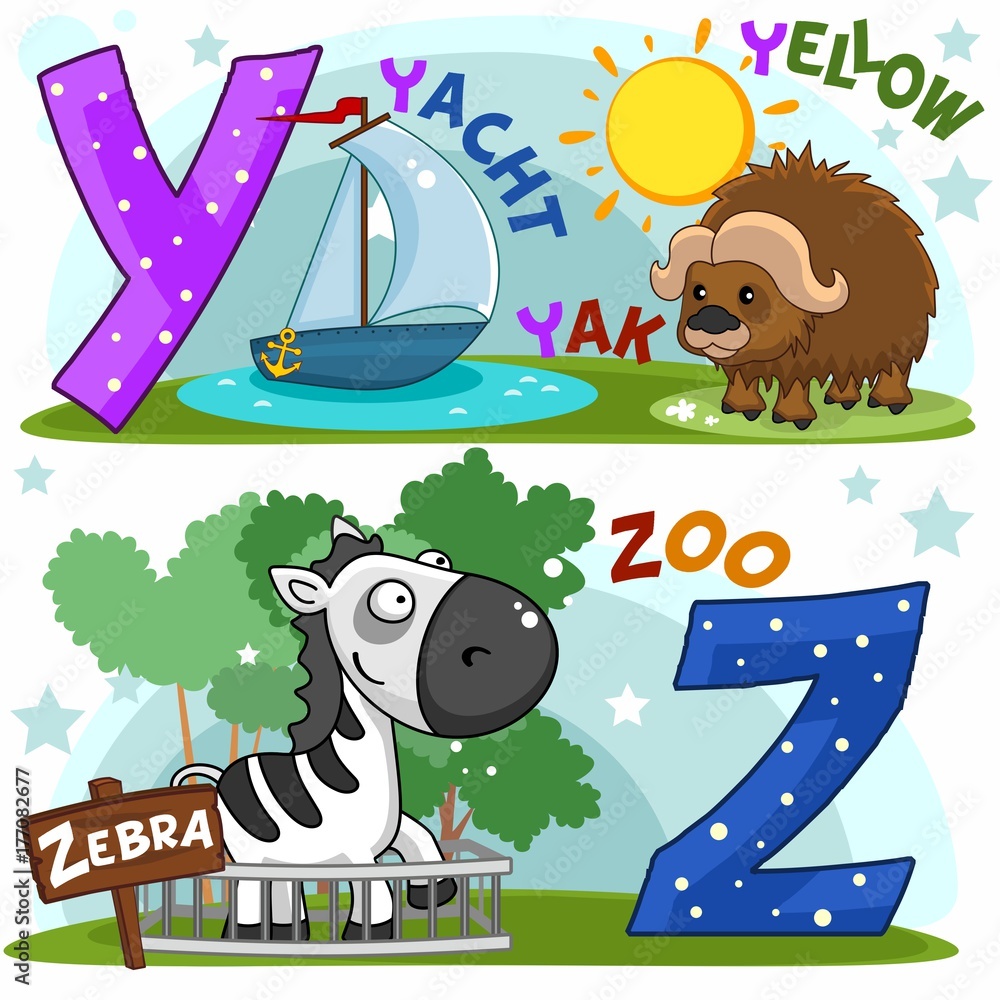 Colored cartoon English alphabet with Y and Z letters for children ...