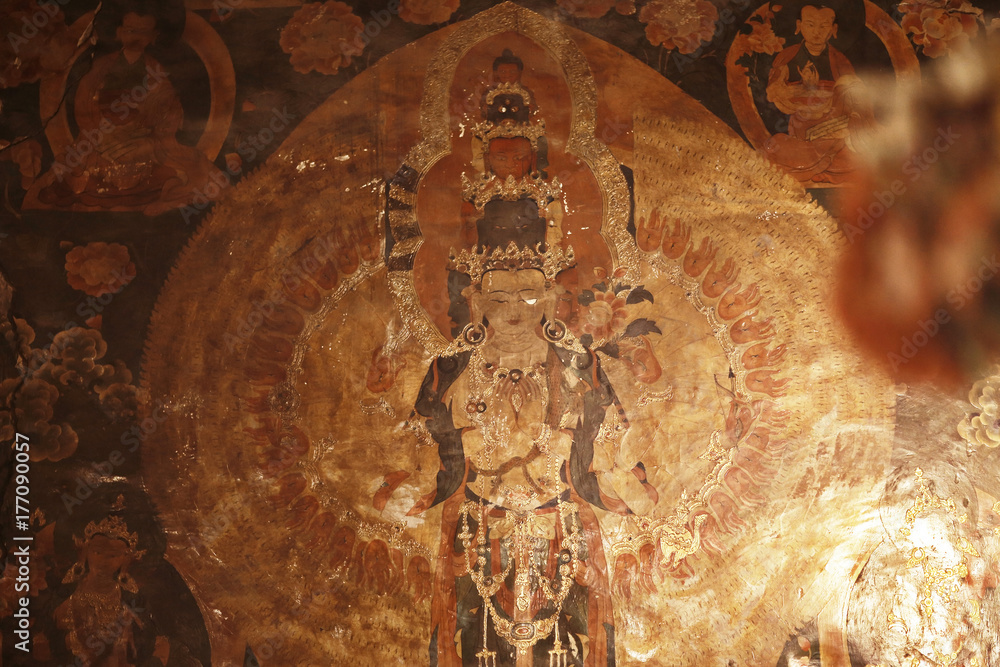Buddhist religious symbols inscriptions in Tibet old runes Stock Photo ...