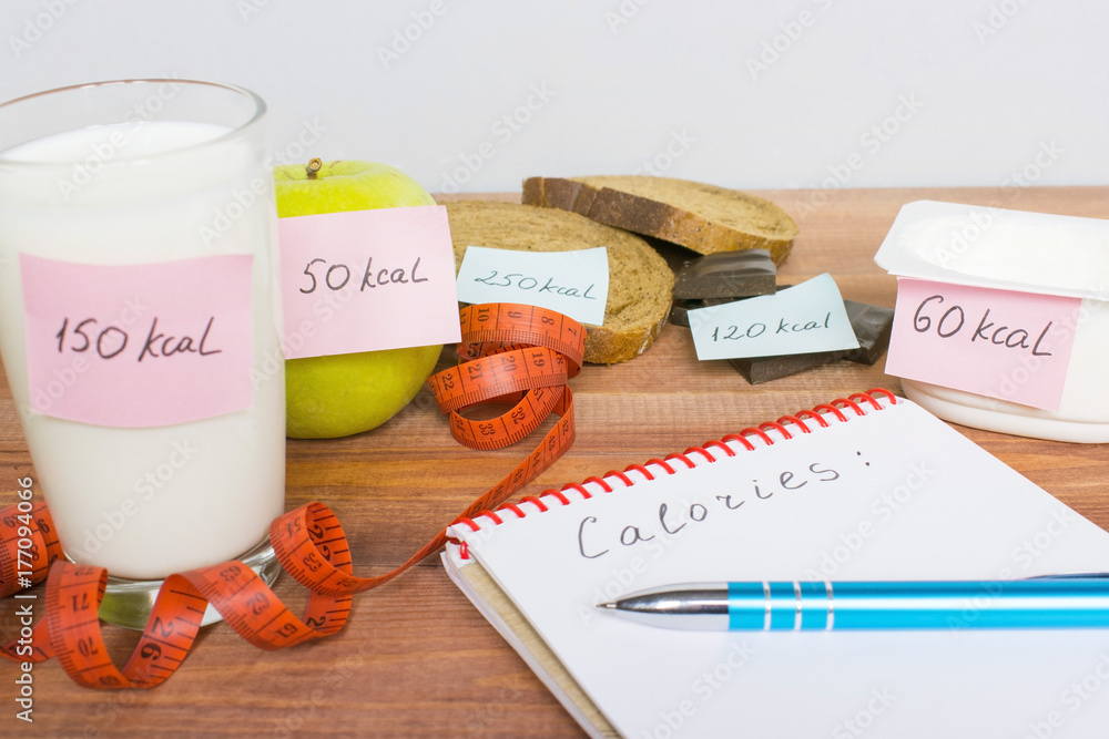 Counting calories, different food with written quantity of calories ...