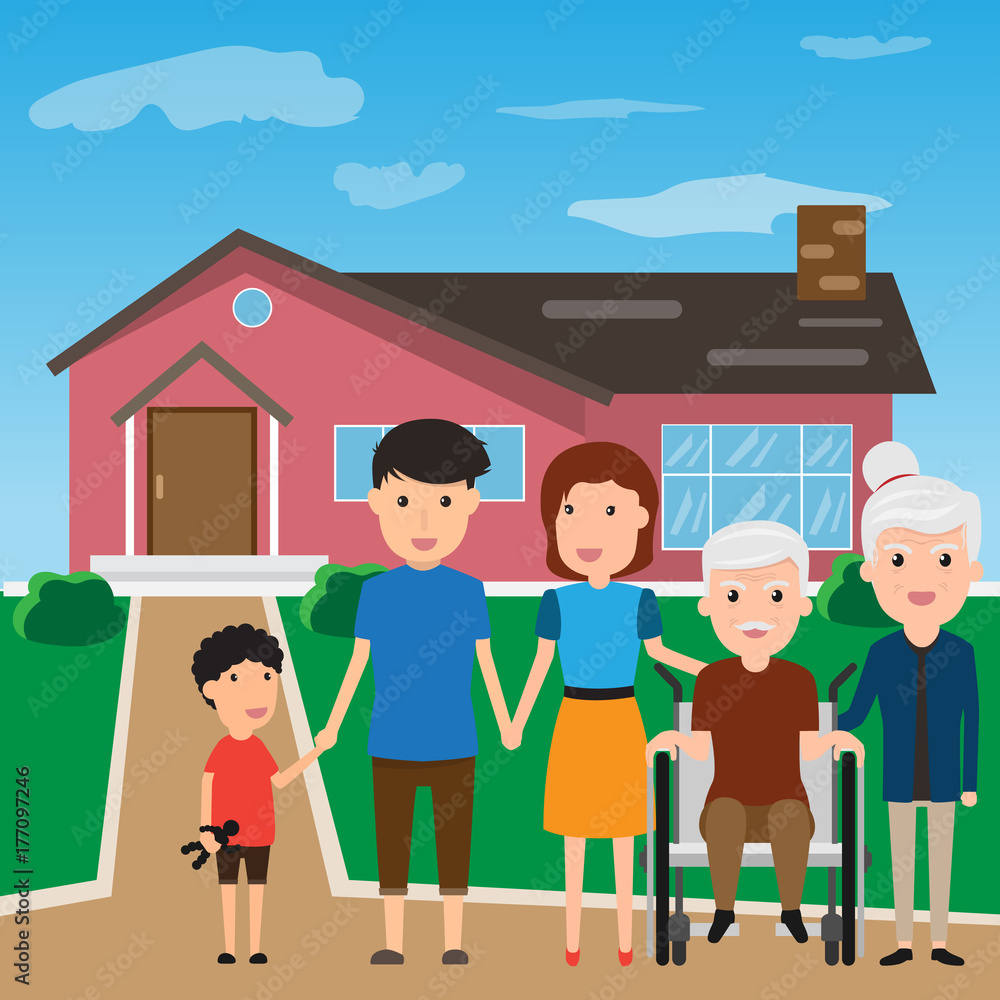 Happy Family standing outside new home. People moving house ...