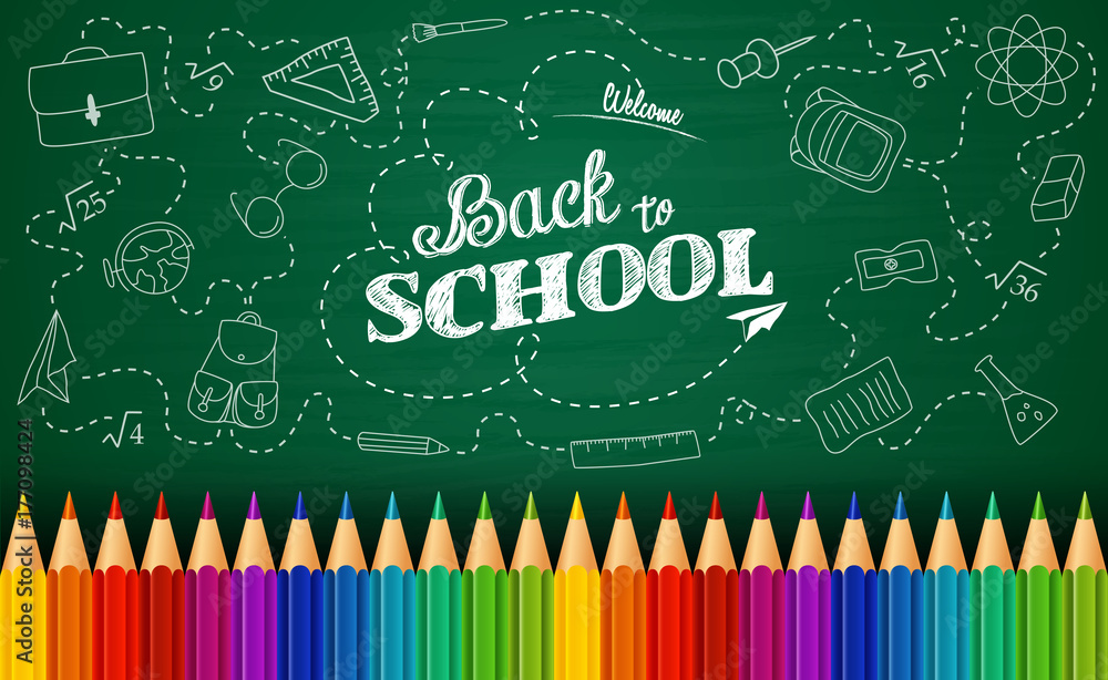 Welcome back to school background with doodle elements on chalkboard ...