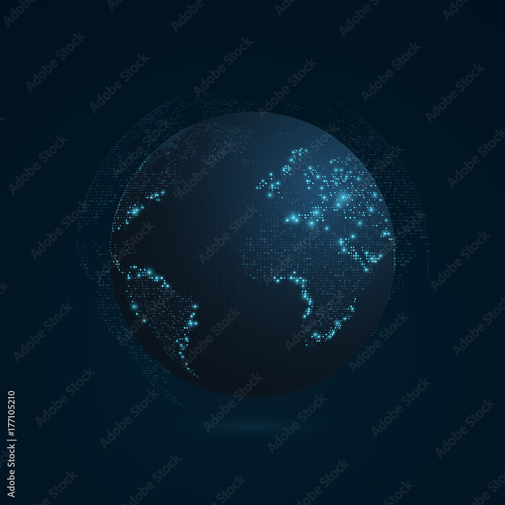 Abstract planet on a dark blue background. Earth. World map. Blue light ...