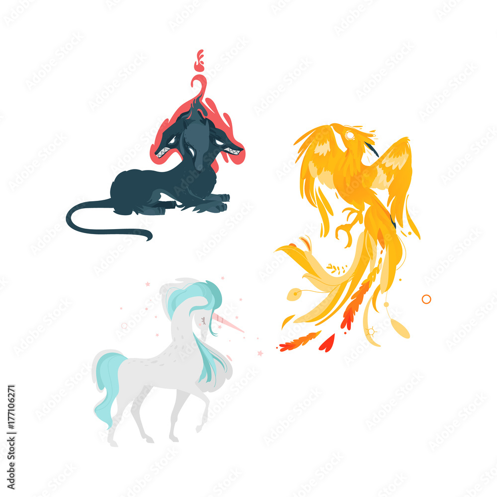 vector flat cartoon mythical animals set. Elegant unicorn fairy ...