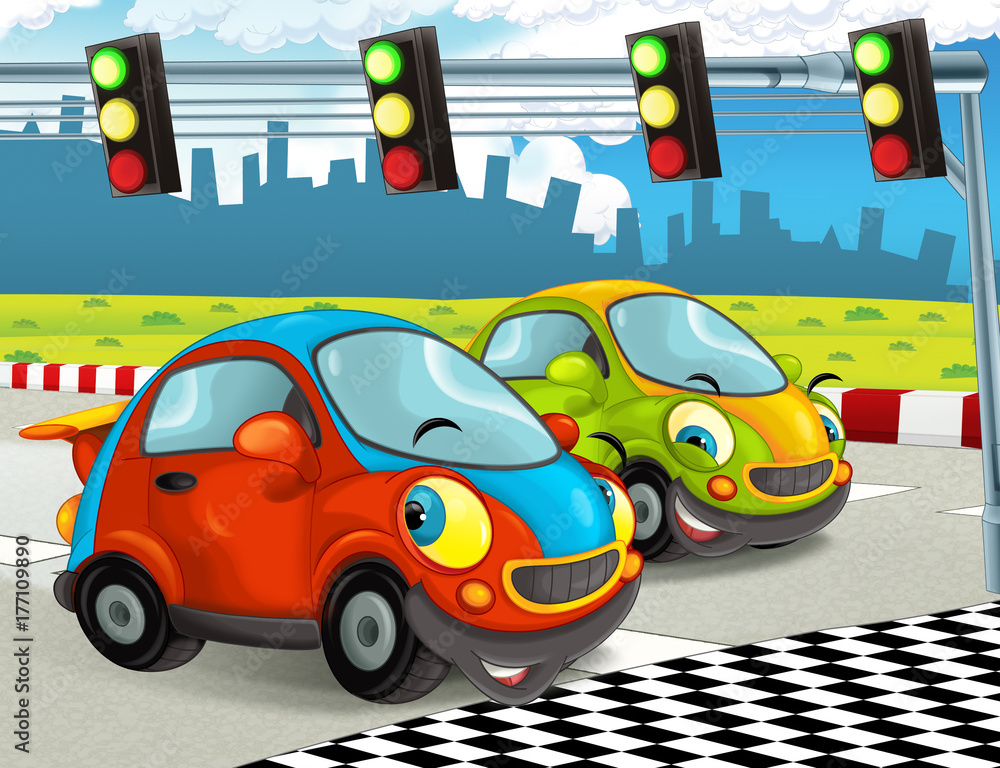 Cartoon Car Racing To The Finish Line