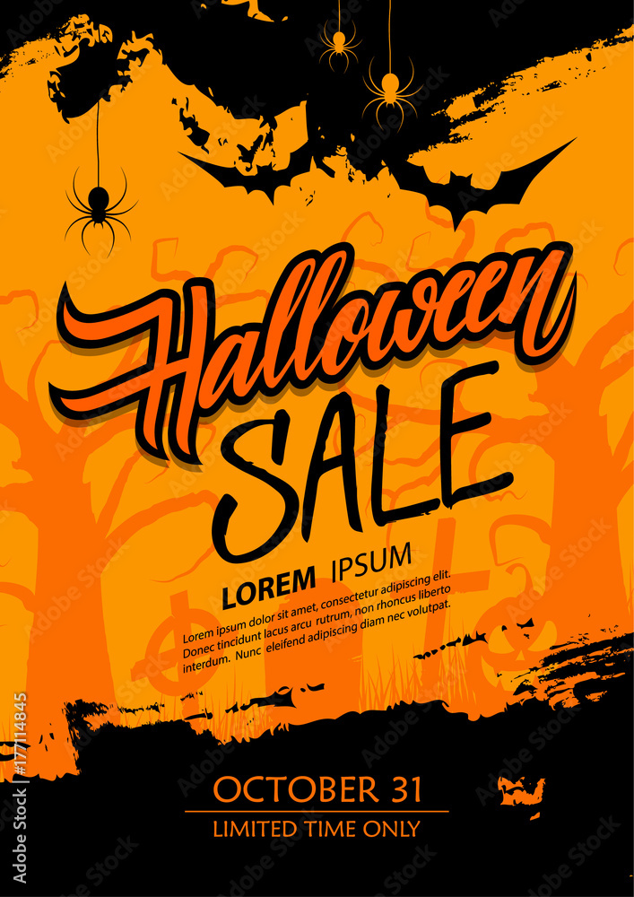 Halloween Sale special offer banner with hand drawn lettering, brush ...