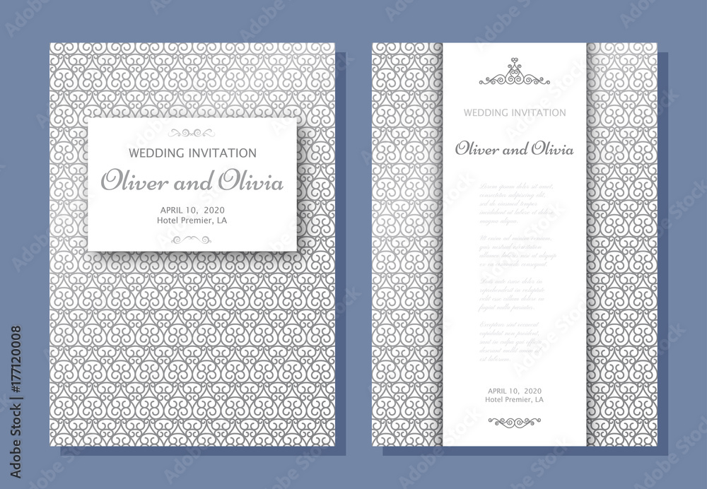 Set of wedding invitation templates. Cover design with silver swirl ...
