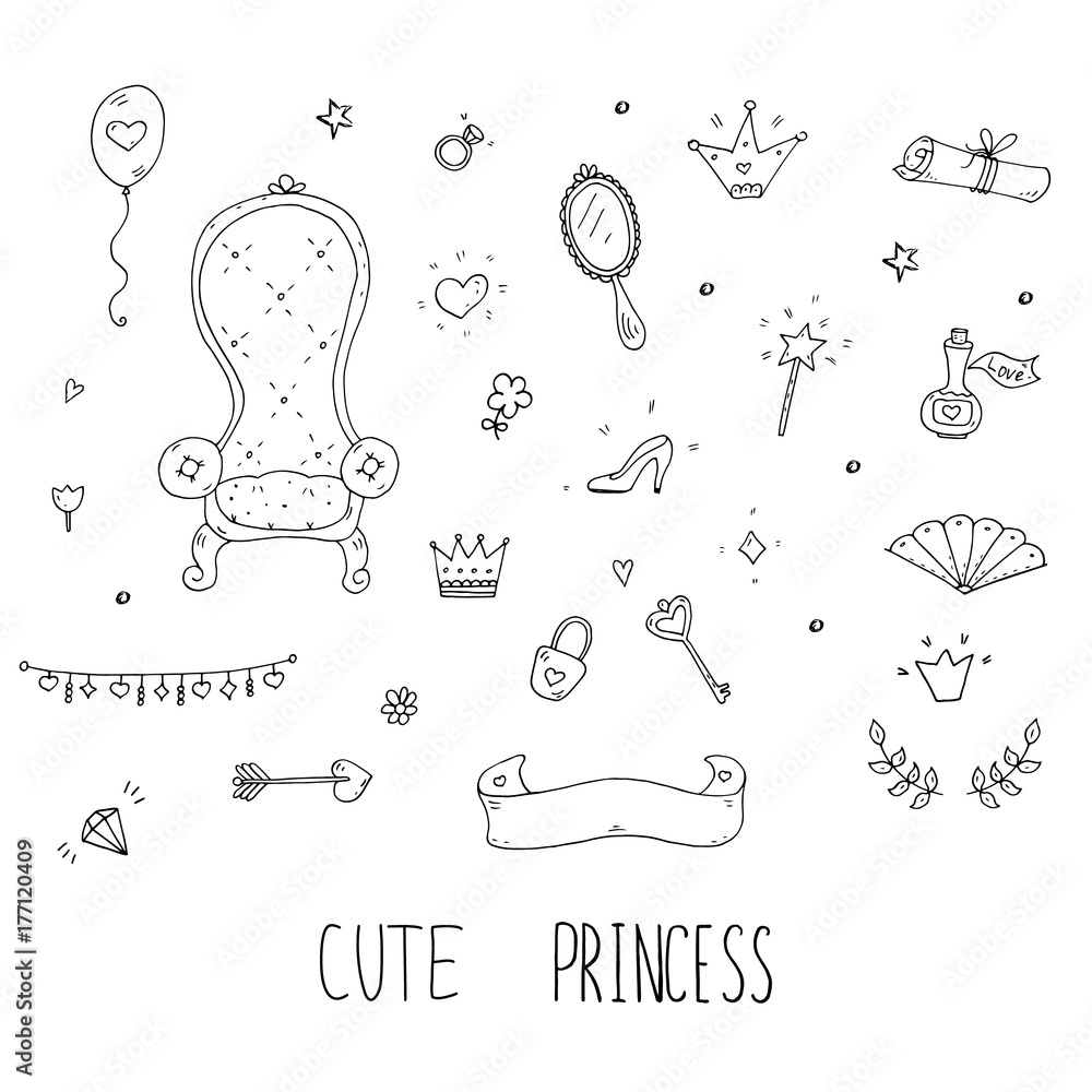 Cute cartoon princess collection . Doodle fairytale set for kids. Hand ...