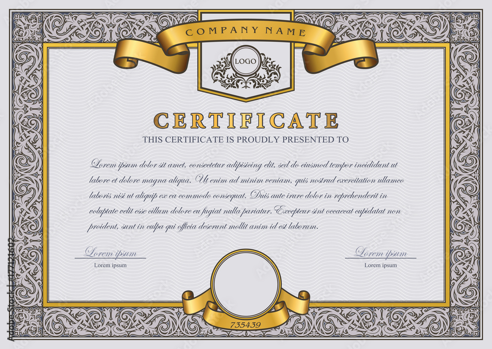 Vintage Vector Certificate Template with gold, luxury, ornamental frame and ribbons. Stock ...