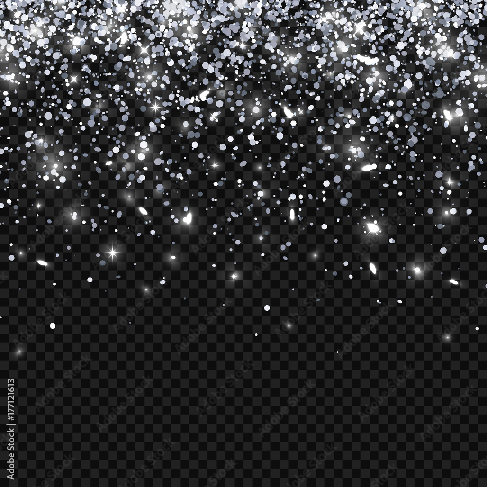 Silver glitter on dark transparent background, falling particles ...