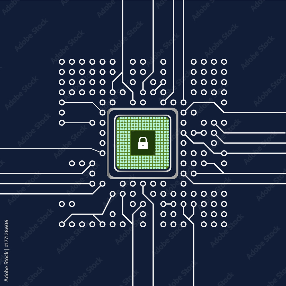 Realistic microchip, cpu, microprocessor on detailed printed circuit ...