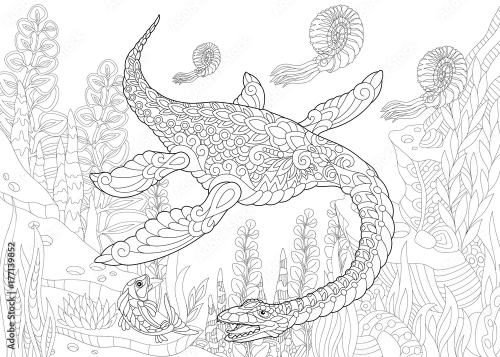 Coloring page of plesiosaurus dinosaur of the Mesozoic era. Freehand ...