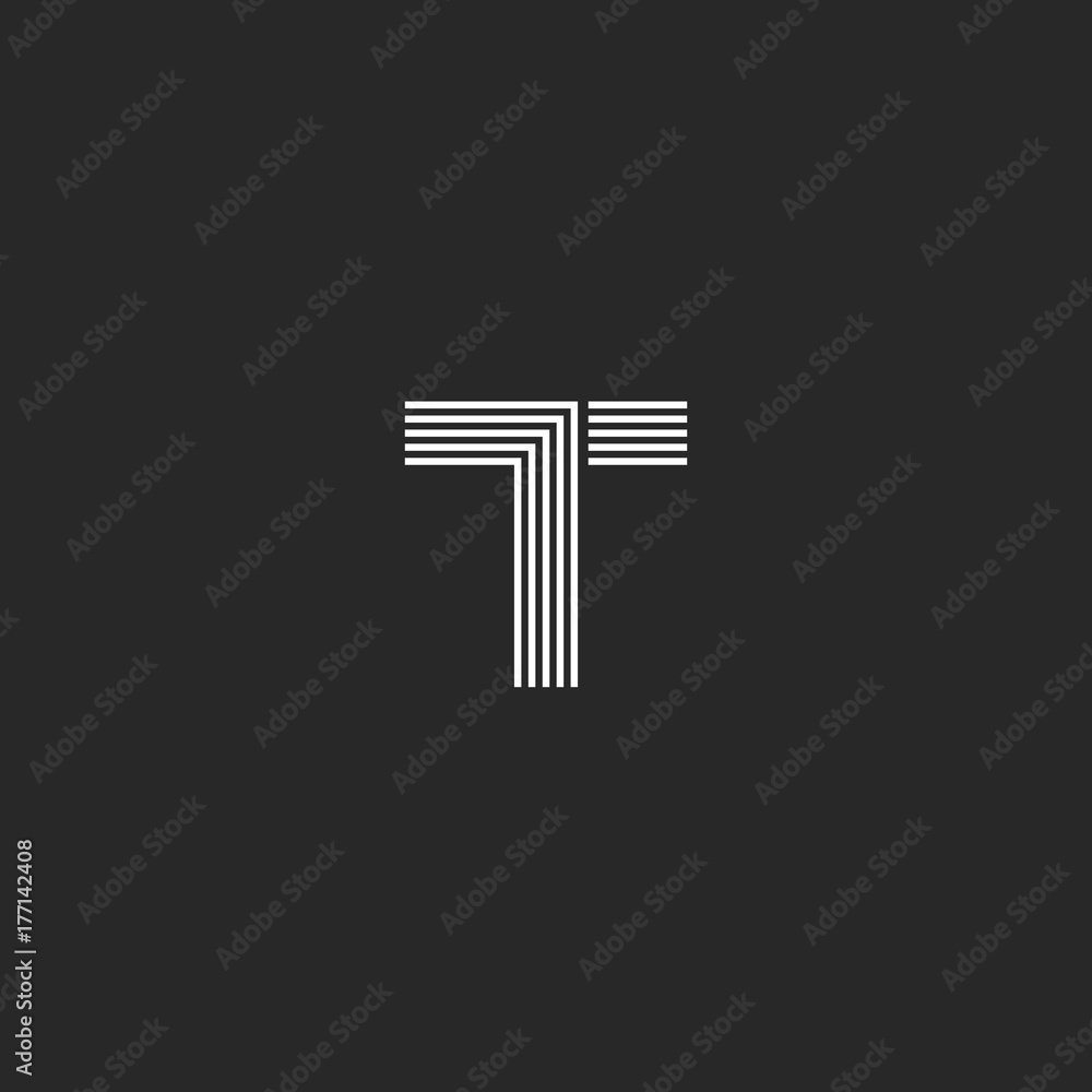 Capital letter T logo monogram, black and white parallel thin lines ...
